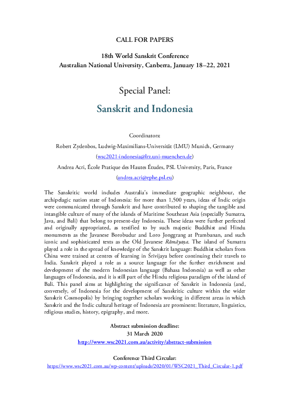 (PDF) Call for Papers: Special Panel ‘Sanskrit and Indonesia’ (18th WSC)