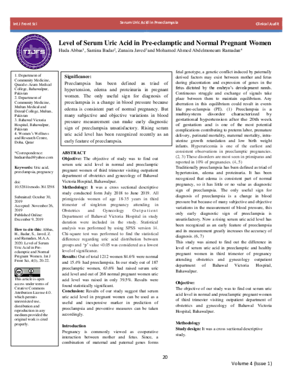 (PDF) Serum Uric Acid in Preeclampsia Level of Serum Uric Acid in Pre ...