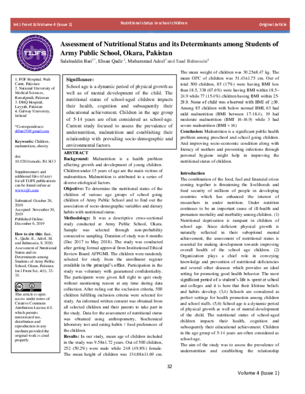 (PDF) Assessment of Nutritional Status and its Determinants among ...