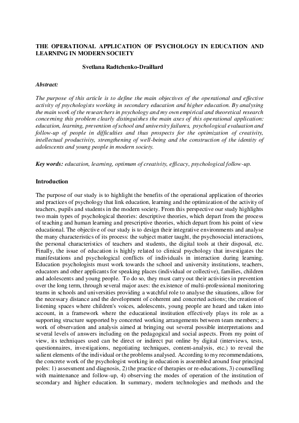 (PDF) THE OPERATIONAL APPLICATION OF PSYCHOLOGY IN EDUCATION AND ...