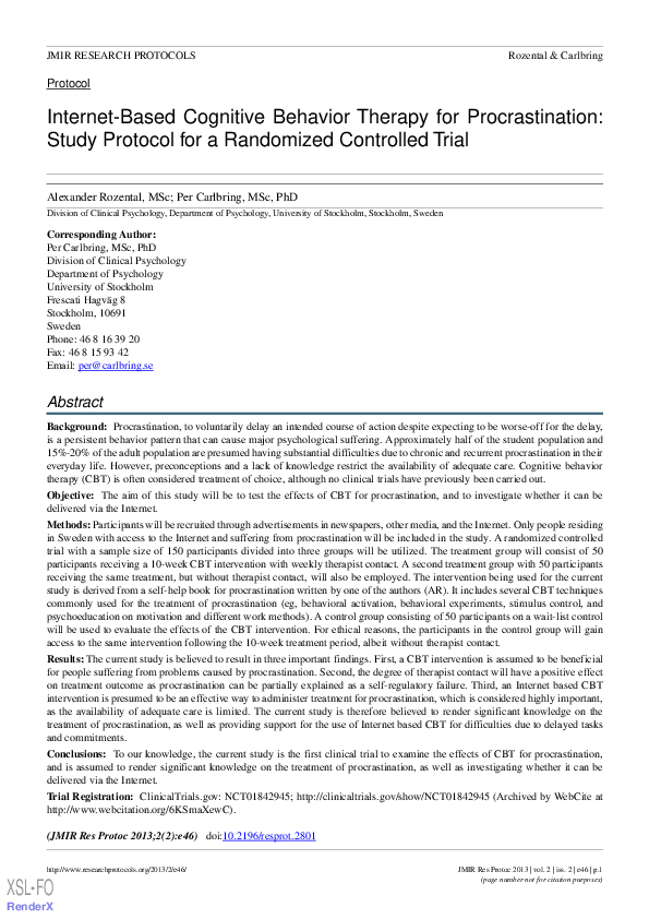 (PDF) Internet-based cognitive behavior therapy for procrastination: Study protocol for a ...
