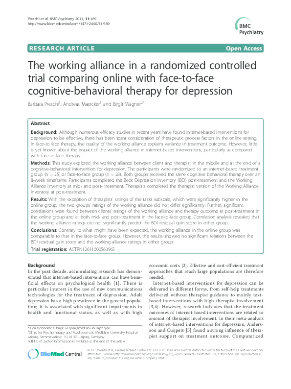 (PDF) The working alliance in a randomized controlled trial comparing online with face-to-face ...