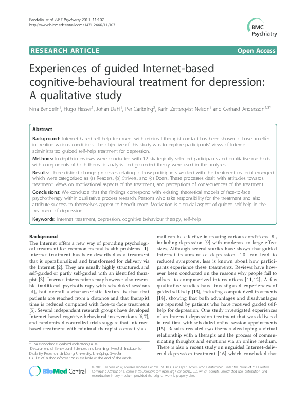 (PDF) Experiences of guided Internet-based cognitive-behavioural treatment for depression: A ...