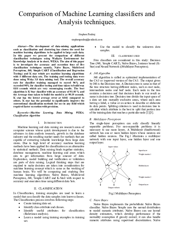 (PDF) Comparison of Machine Learning classifiers and Analysis techniques