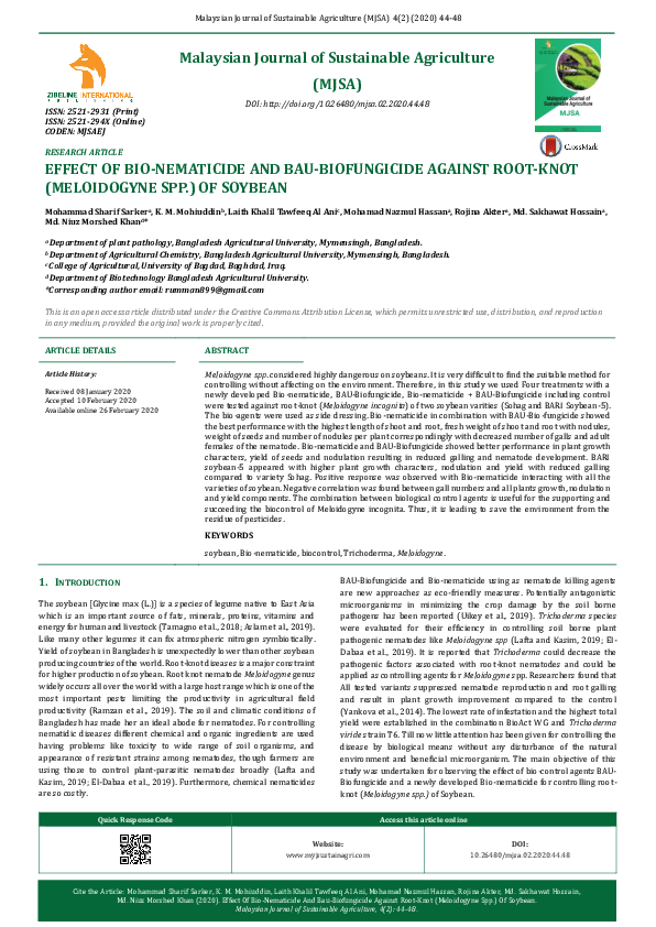 (PDF) Effect Of Bio-Nematicide And Bau-Biofungicide Against Root-Knot (Meloidogyne Spp.) Of Soybean