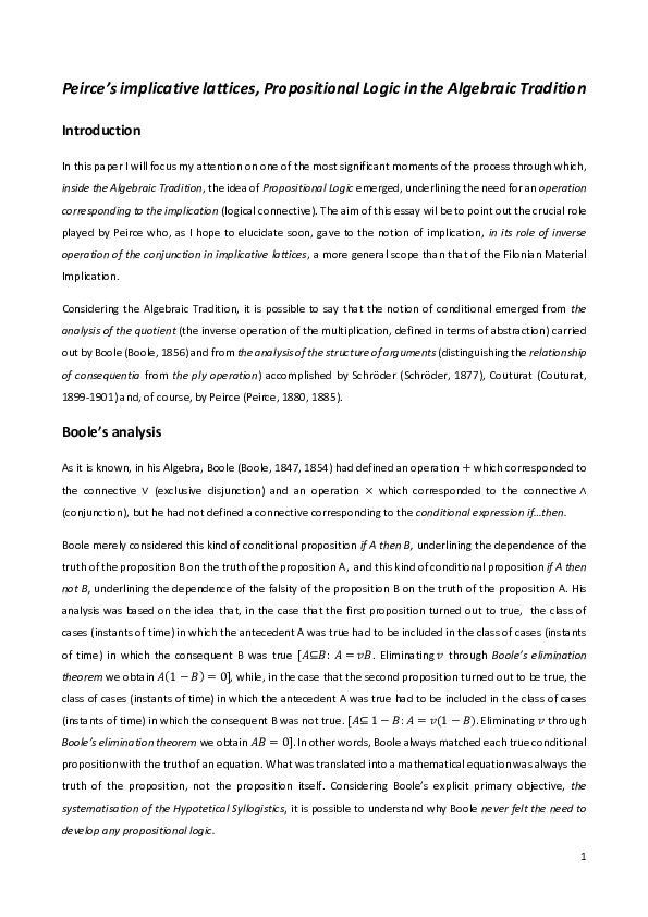 (PDF) Peirce's implicative lattices, Propositional Logic in the Algebraic Tradition