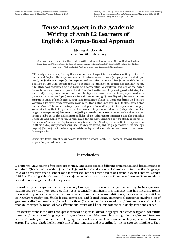 (PDF) Tense and Aspect in the Academic Writing of Arab L2 Learners of English: A Corpus-Based ...