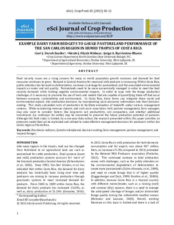 (PDF) eSci Journal of Crop Production EXAMPLE DAIRY FARM BUDGETS TO ...
