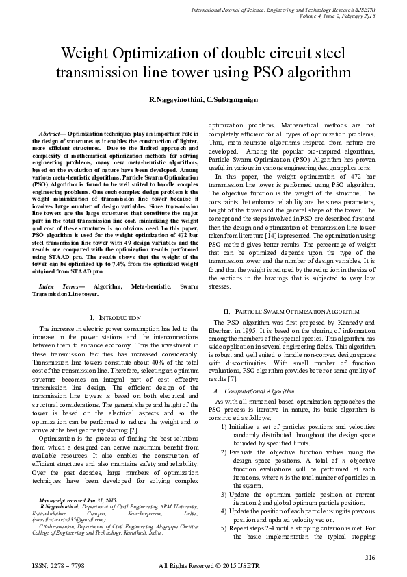 (PDF) Weight Optimization of double circuit steel transmission line tower using PSO algorithm