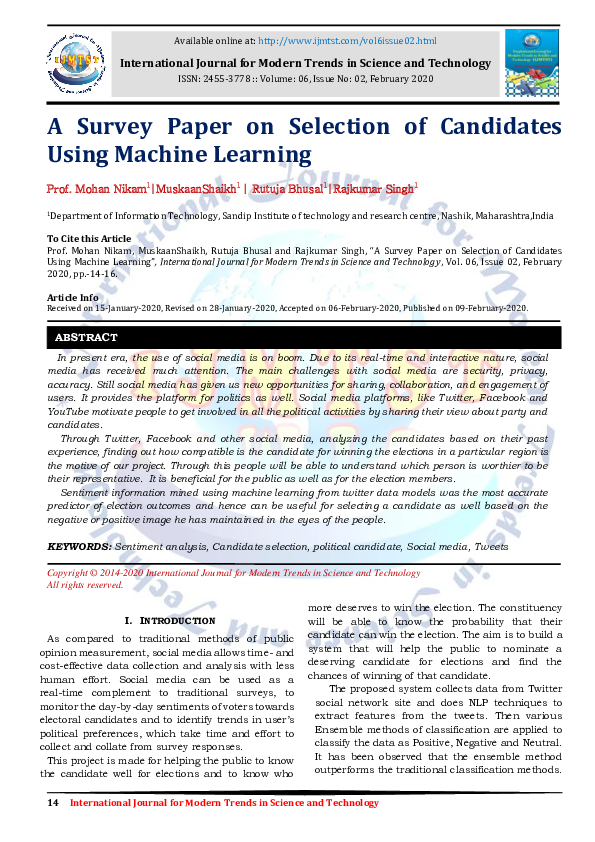 (PDF) A Survey Paper on Selection of Candidates Using Machine Learning