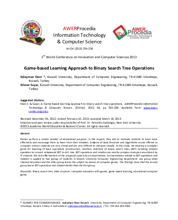 (PDF) Game-based Learning Approach to Binary Search Tree Basic Operations (PDF) Game-based Learning Approach to Binary Search Tree Basic Operations