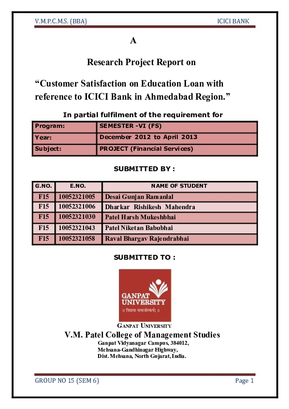 (PDF) Customer Satisfaction on Education Loan with reference to ICICI Bank in Ahmedabad Region