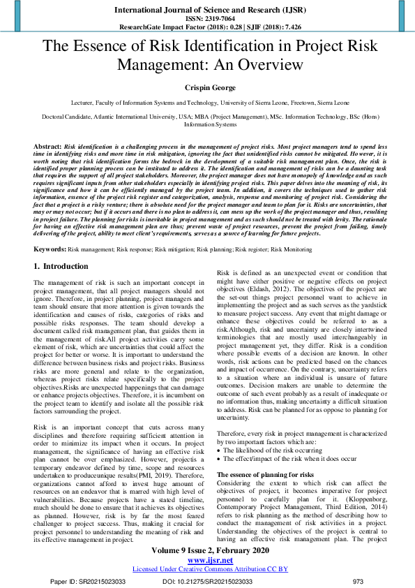 (PDF) The Essence of Risk Identification in Project Risk Management: An ...