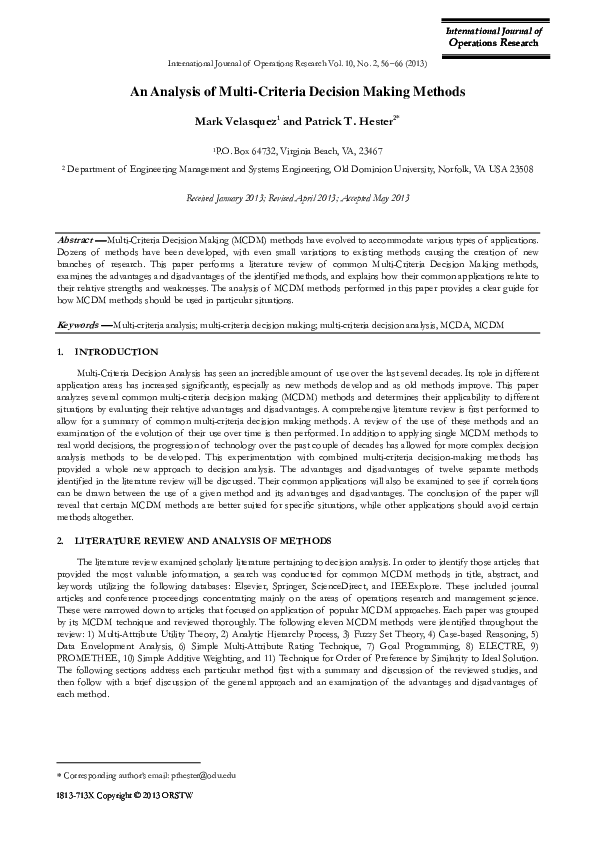 (PDF) An Analysis of Multi-Criteria Decision Making Methods