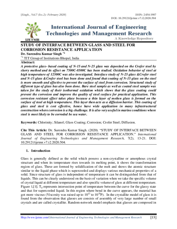 (PDF) STUDY OF INTERFACE BETWEEN GLASS AND STEEL FOR CORROSION ...
