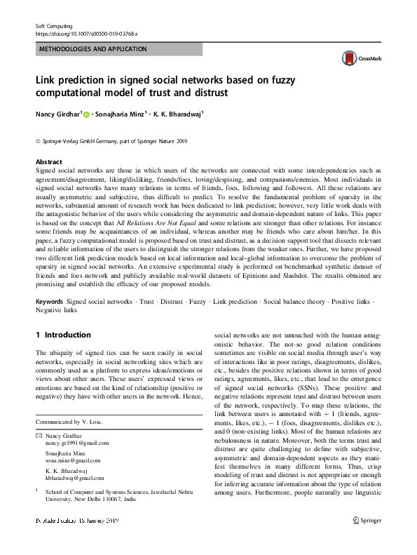 (PDF) Link prediction in signed social networks based on fuzzy computational model of trust and ...