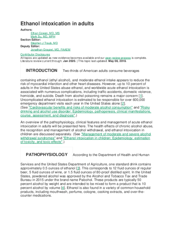 (DOC) Ethanol intoxication in adults INTRODUCTIONTwo-thirds of American ...