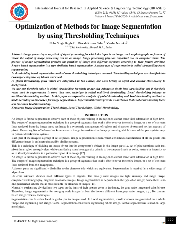 (PDF) Optimization of Methods for Image Segmentation by using Thresholding Techniques