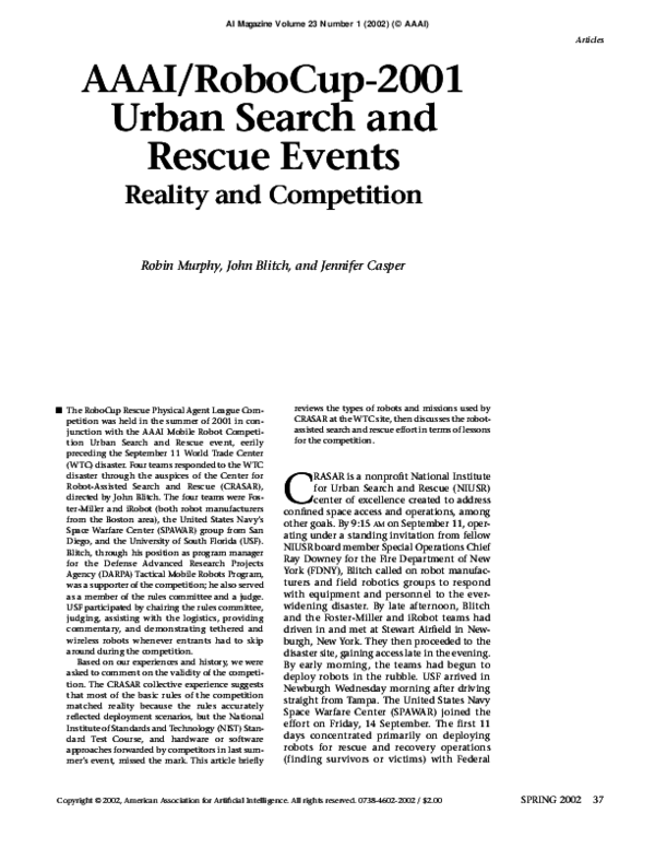 (PDF) AAAI/RoboCup2001 Urban Search and Rescue Events
