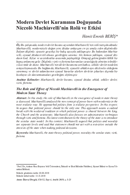 (PDF) Modern Devlet Kuramının Doğuşunda Niccolò Machiavelli'nin Rolü ve Etkisi The Role and ...