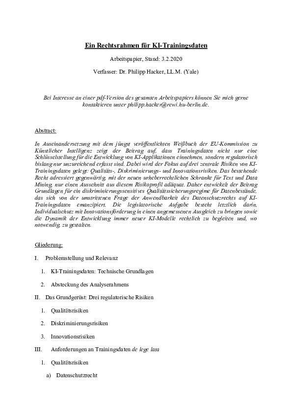 (PDF) Ein Rechtsrahmen für KI-Trainingsdaten