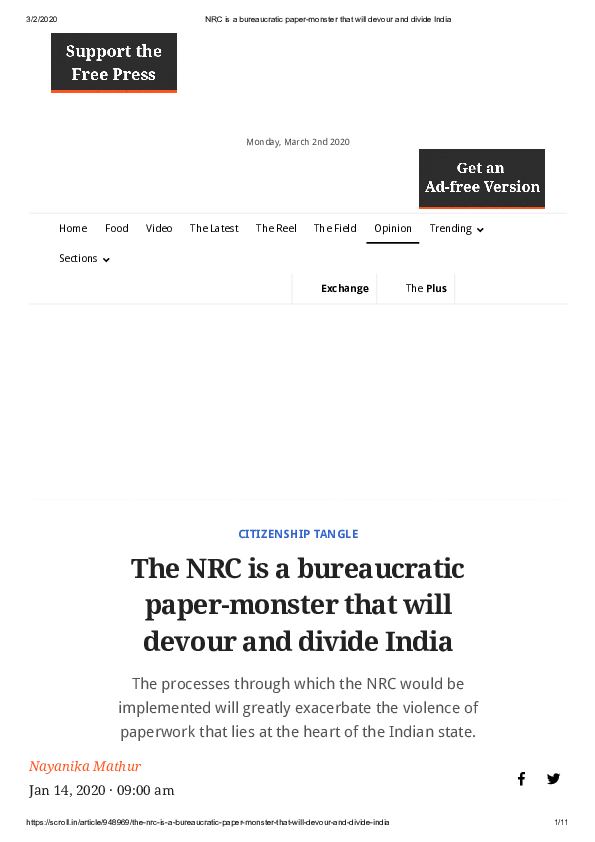 (PDF) NRC is a Bureaucratic Paper-Monster that will Divide and Devour India