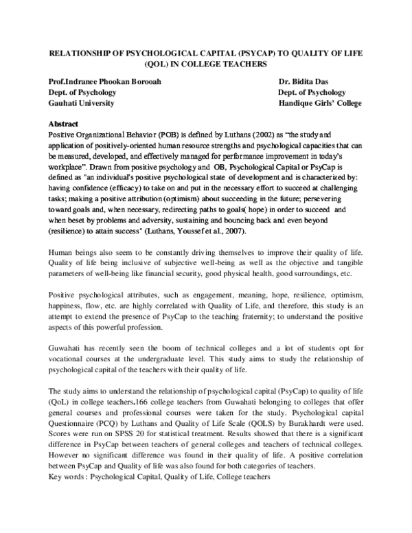 (PDF) RELATIONSHIP OF PSYCHOLOGICAL CAPITAL (PSYCAP) TO QUALITY OF LIFE ...