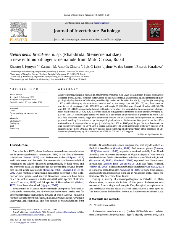 (PDF) Steinernema brazilense n. sp. (Rhabditida: Steinernematidae), a new entomopathogenic ...