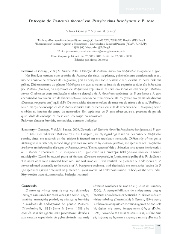 (PDF) Detecção de Pasteuria thornei em Pratylenchus brachyurus e P. zeae