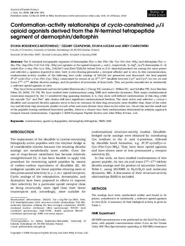 (PDF) Conformation-activity relationships of cyclo -constrained µ/δ ...