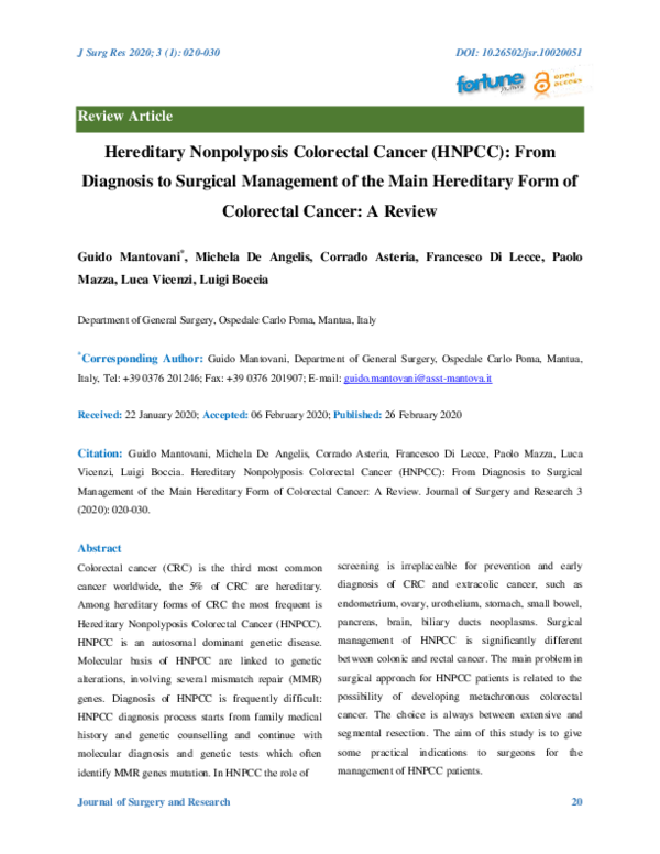(PDF) Hereditary Nonpolyposis Colorectal Cancer (HNPCC): From Diagnosis ...