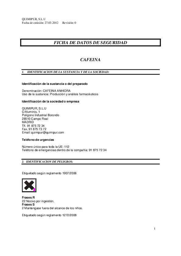 (PDF) FICHA DE DATOS DE SEGURIDAD CAFEINA 1. IDENTIFICACION DE LA ...
