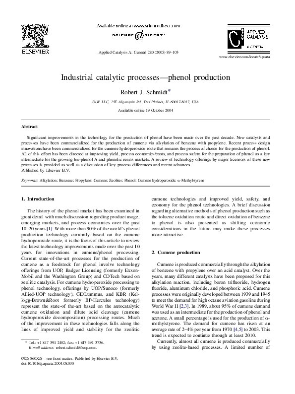 (PDF) Industrial catalytic processes-phenol production