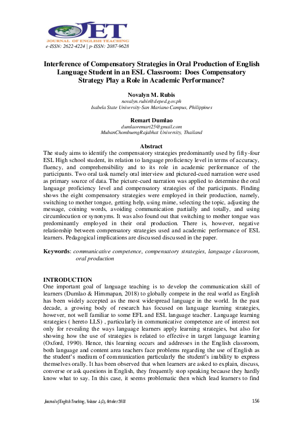 (PDF) Interference of Compensatory Strategies in Oral Production of ...