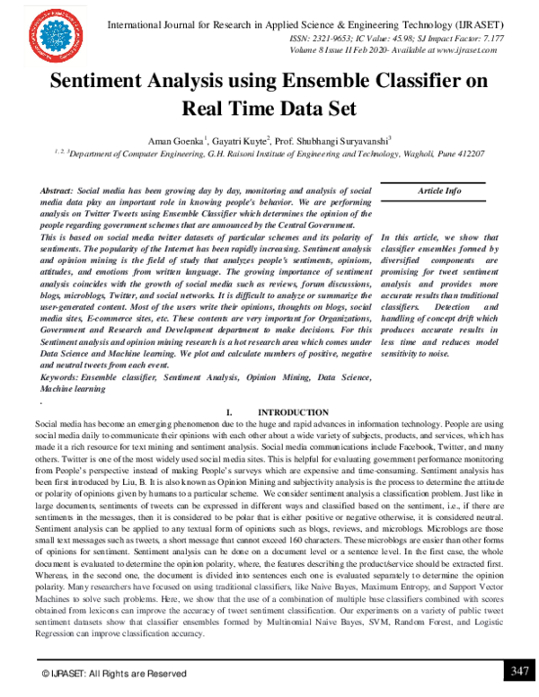 Pdf Sentiment Analysis Using Ensemble Classifier On Real Time Data Set Ijraset Publication