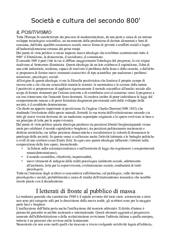 Società e cultura del secondo 800' IL POSITIVISMO