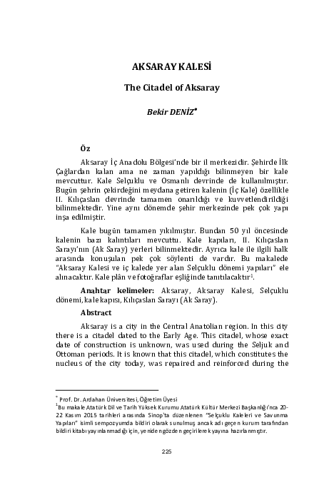 (PDF) SEMA.2.2017.AKSARAY KALESİ (The Citadel of Aksaray) - Bekir DENİZ