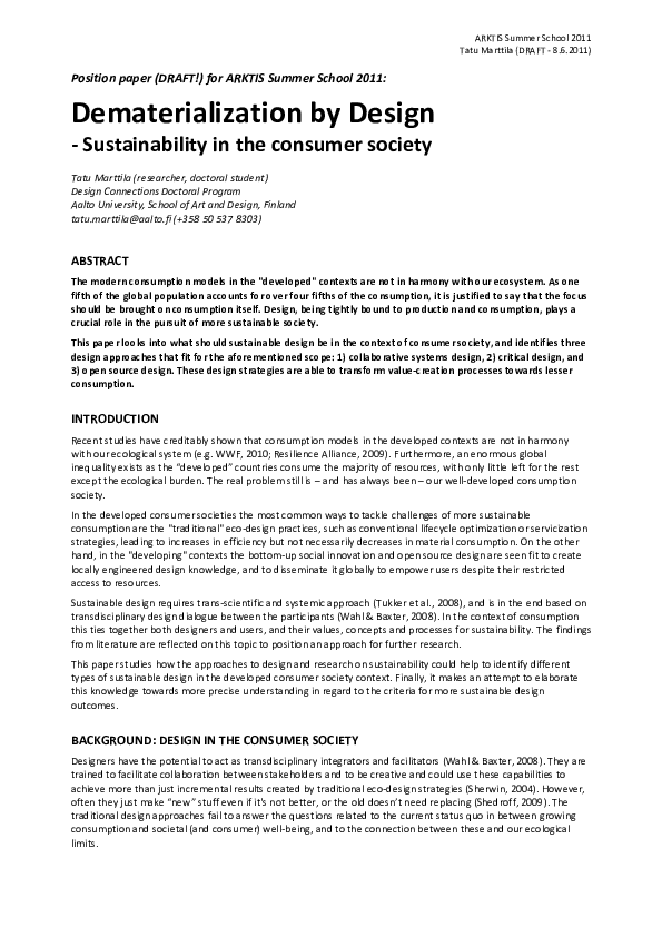 (PDF) Dematerialization by Design -­ Sustainability in the consumer society