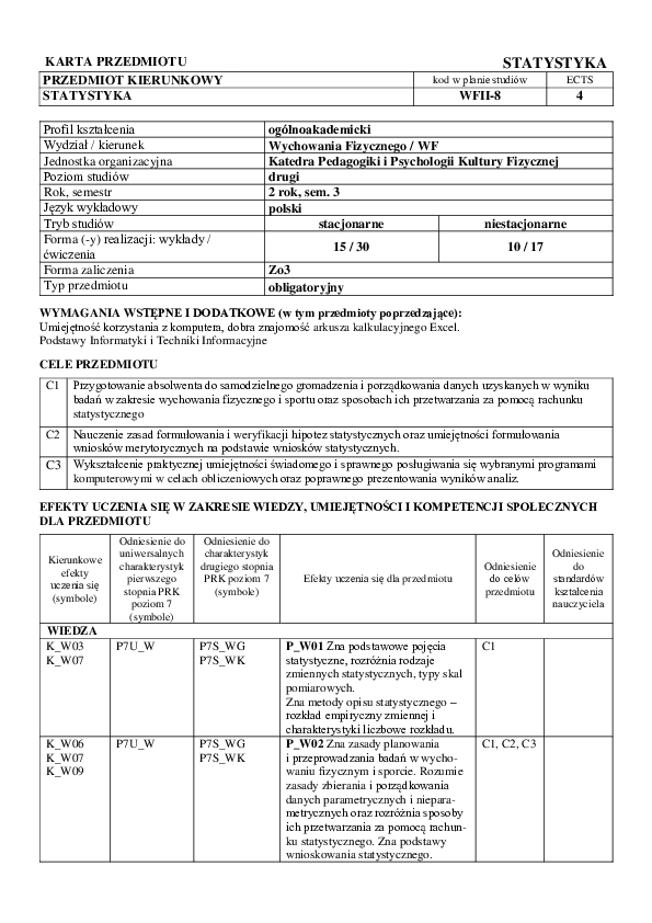 (PDF) KARTA PRZEDMIOTU STATYSTYKA PRZEDMIOT KIERUNKOWY