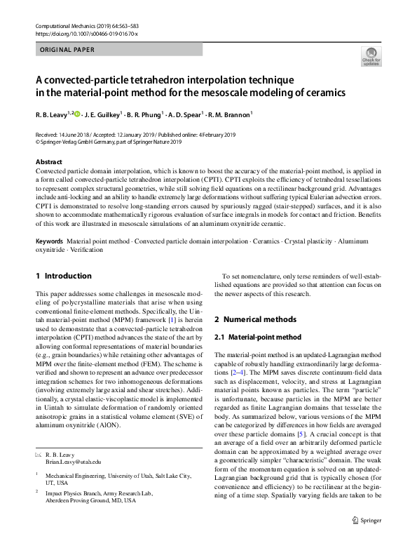 (PDF) A convected-particle tetrahedron interpolation technique in the material-point method for ...