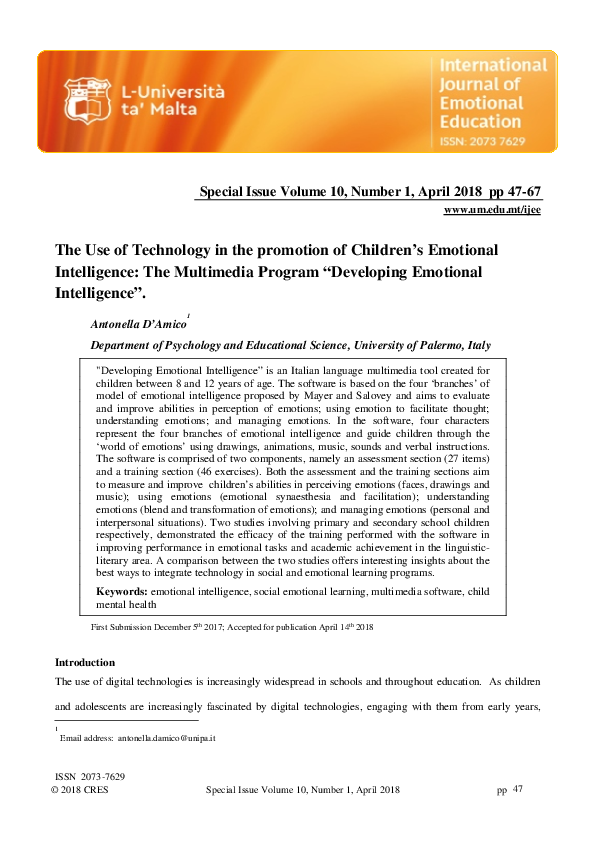 (PDF) The Use of Technology in the promotion of Children's Emotional Intelligence: The ...
