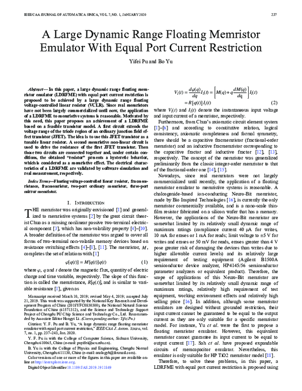 (PDF) A Large Dynamic Range Floating Memristor Emulator With Equal Port ...