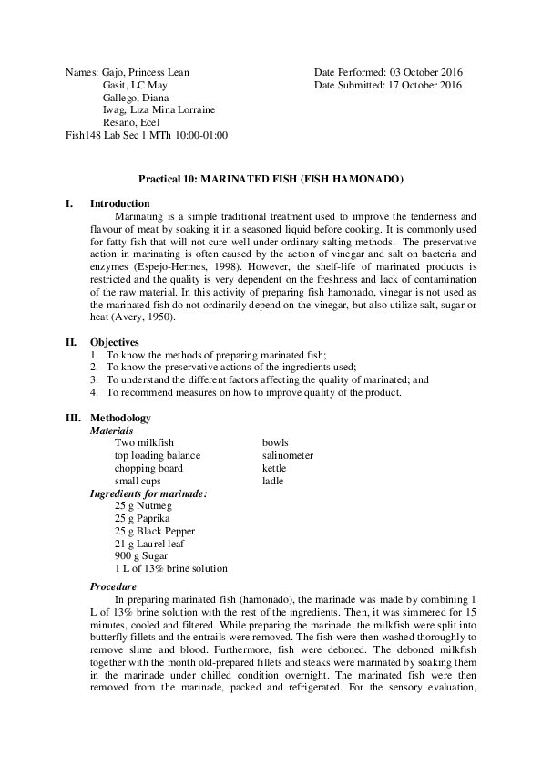 (DOC) Practical 10: MARINATED FISH (FISH HAMONADO)