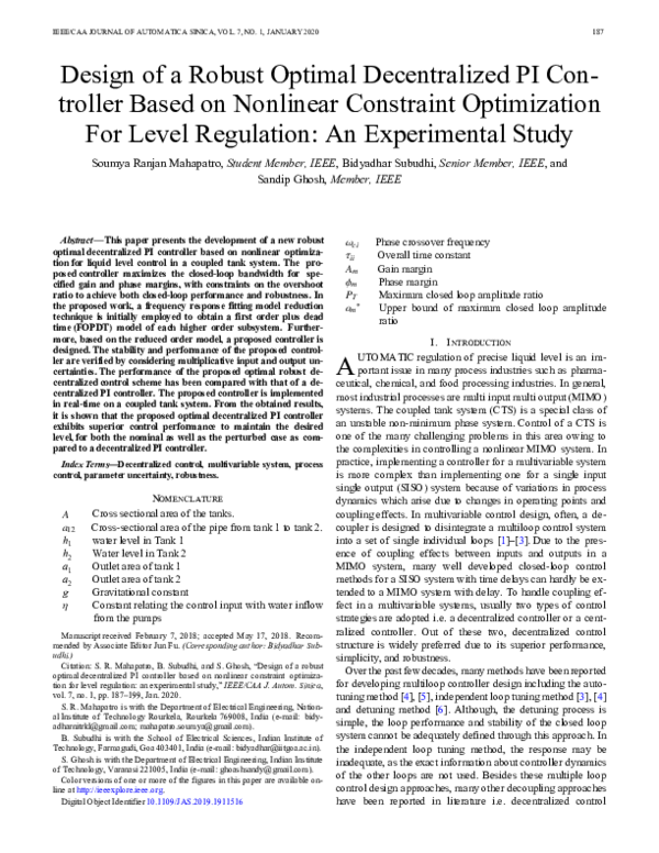 Pdf Design Of A Robust Optimal Decentralized Pi Controller Based On Nonlinear Constraint