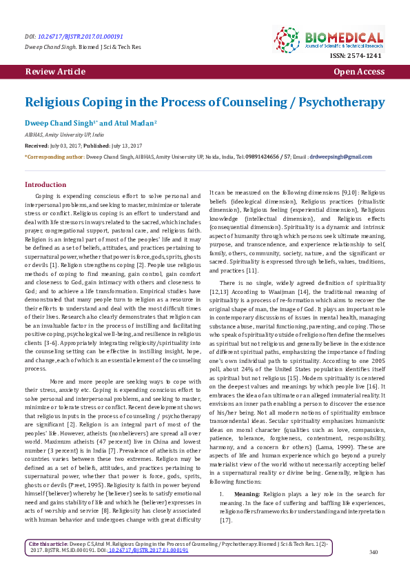 (PDF) Religious Coping in the Process of Counseling / Psychotherapy