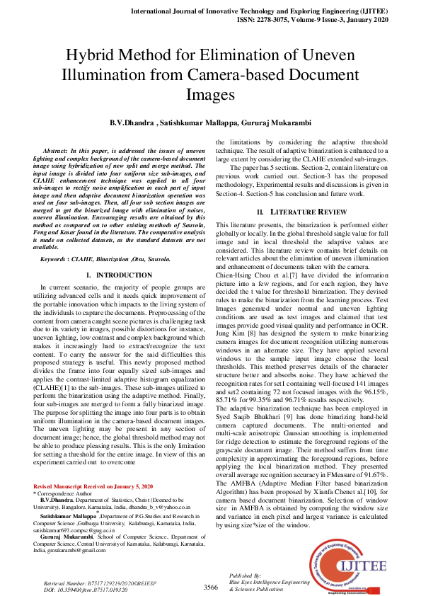 Pdf Hybrid Method For Elimination Of Uneven Illumination From Camera Based Document Images