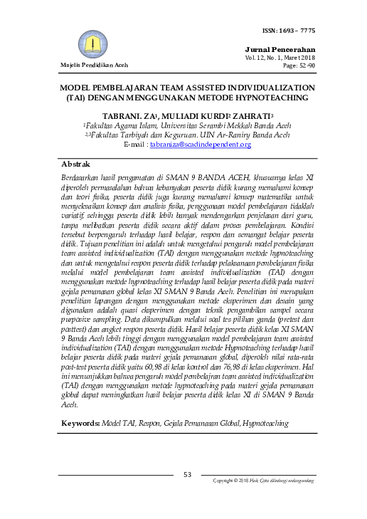 (PDF) MODEL PEMBELAJARAN TEAM ASSISTED INDIVIDUALIZATION (TAI) DENGAN MENGGUNAKAN METODE ...