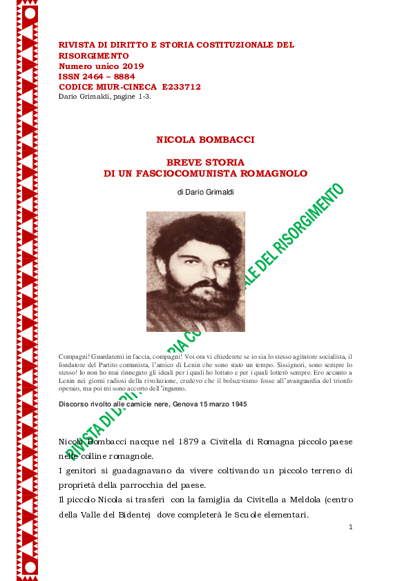 (PDF) NICOLA BOMBACCI. BREVE STORIA DI UN FASCIOCOMUNISTA ROMAGNOLO