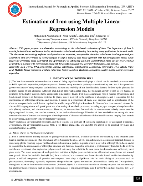 Pdf Estimation Of Iron Using Multiple Linear Regression Models