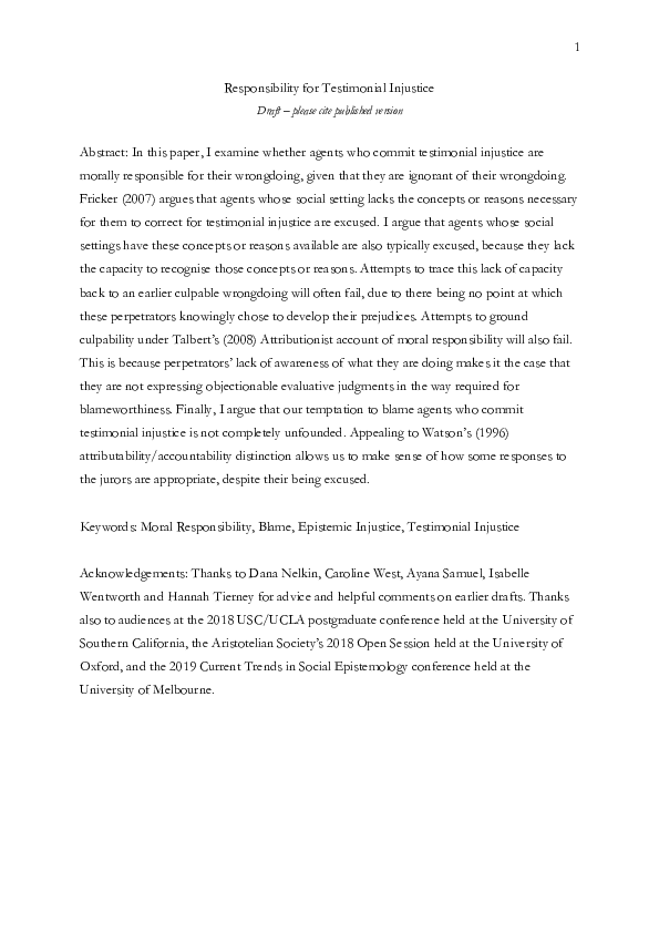 (PDF) Responsibility for Testimonial Injustice